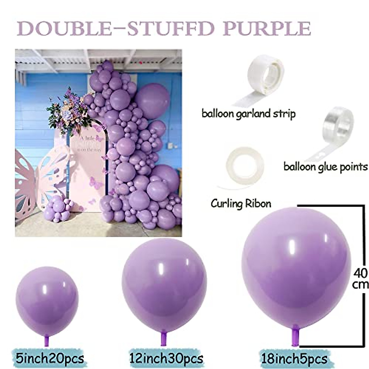 Purple Balloon Garland Kit - Double Stuffed Lavender Balloons Different Sizes 18/12/5 Inch Lilac Balloon Arch Latex Balloons For Birthday Baby Shower Wedding Bachelorette Party Decorations