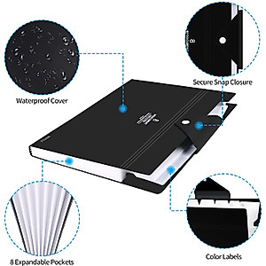 8 Pockets Letter A4 Paper Plastic Expandable Files Folder Snap Closure Accordion Document Organizer for School Office Home (Black)