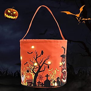 Cqueni Halloween Trick or Treat Candy Bags LED Light Up Pumpkin Bucket, Collapsible Reusable Candy Basket, Fabric Tote Gift Bags for Halloween Parties