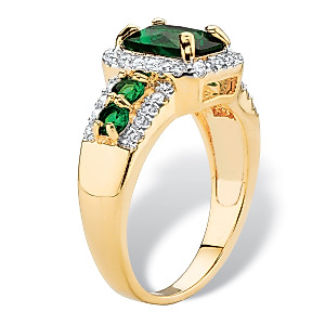 PalmBeach Jewelry Yellow Gold-Plated Emerald Cut Simulated Emerald or Red Ruby and Cubic Zirconia Halo Ring Size 8