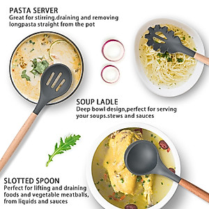 ICVKRJ 12 Pcs Silicone Cooking Utensils Kitchen Utensil Set - 446°F Heat Resistant,Turner Tongs, Spatula, Spoon, Brush, Whisk, Wooden Handle Gray Kitchen Gadgets with Holder for Nonstick Cookware