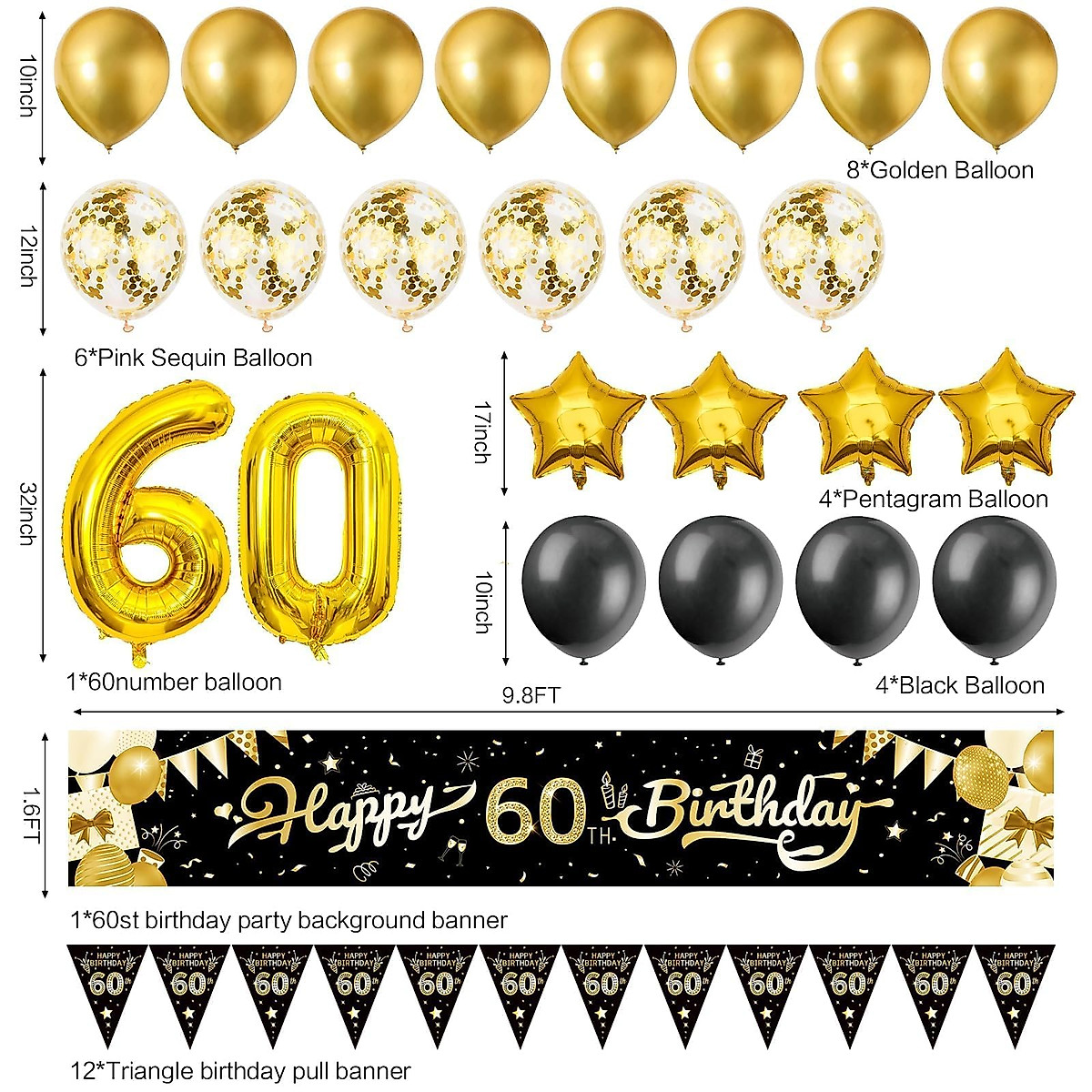 60th Birthday Decoration Happy Birthday Party Decoration Set Black and Gold Banner Balloons Backdrop for Men and Women
