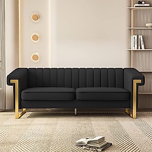 STORFENBOR 83'' Faux Leather Couch 3 Seater Sofa with Gold Metal Legs Comfy Sofa Living Room Modern Furniture-White