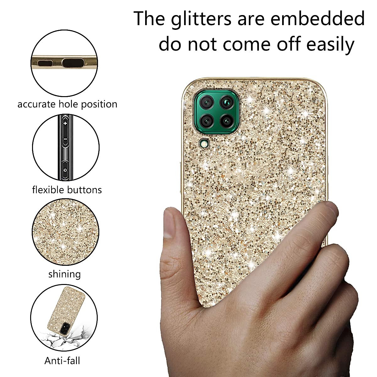 Compatible with Huawei P40 Lite Case Glitter Shockproof,Huawei P40 Lite Phone Case Bling Sparkly Soft TPU and PC Silicone Shiny Girl Women Thin Protective Cover (Gold)