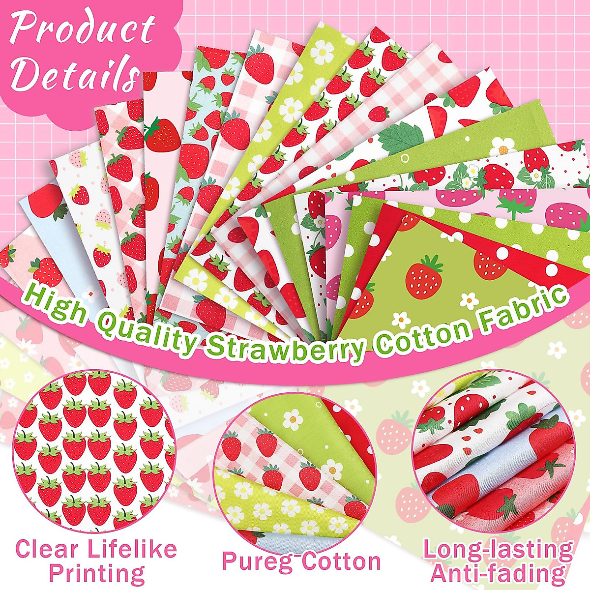 20 Pcs 10''x10'' Strawberry Fabric Strawberry Fabric Squares Quilting Cotton Fabric Bundle for DIY Sewing Fabric Precuts Quilt Squares Multi Color Printed Patchwork Supplies for Quilting Patchwork