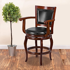 Flash Furniture Vestina 26'' High Cherry Wood Counter Height Stool with Arms, Panel Back and Black LeatherSoft Swivel Seat