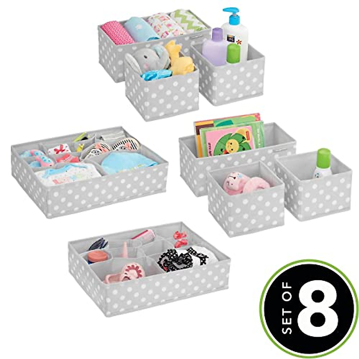 mDesign Fabric Drawer Organizer Bins, Kids/Baby Nursery Dresser, Closet, Shelf, Playroom Organization, Hold Clothes, Toys, Diapers, Bibs, Blankets, Set of 4, 2 Pack, Gray/White Polka Dot