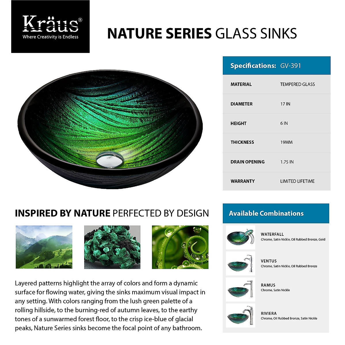 Kraus C-GV-391-19mm-10ORB Nei Glass Vessel Sink and Waterfall Faucet Oil Rubbed Bronze