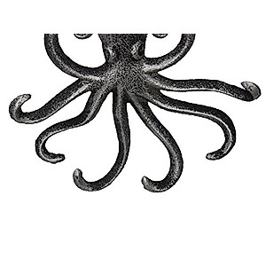 Handcrafted Nautical Decor Rustic Silver Cast Iron Wall Mounted Octopus Hooks 7" - Rustic Wall Art - Nauti
