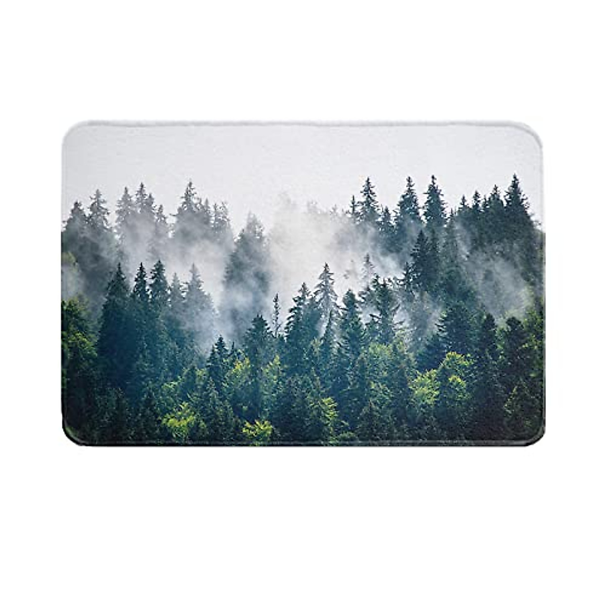Welcome Doormat Nature Foggy Forest Green Misty Trees,Rubber Backing Kitchen Carpet Mountain Landscape Art,Durable Washable Entry Rugs for Bedroom Dining Room Front Door Decor 16x24In