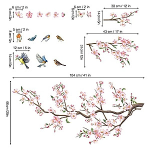 decalmile Flower Branch Wall Stickers Pink Blossom Floral Birds Wall Decals Kids Bedroom Living Room Window Wall Decor