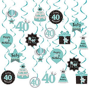 Happy 40th Birthday Party Hanging Swirls Streams Ceiling Decorations, Celebration 40th Foil Hanging Swirls with Cutouts for 40 Years Teal Silver Black Blue Birthday Party Decorations Supplies