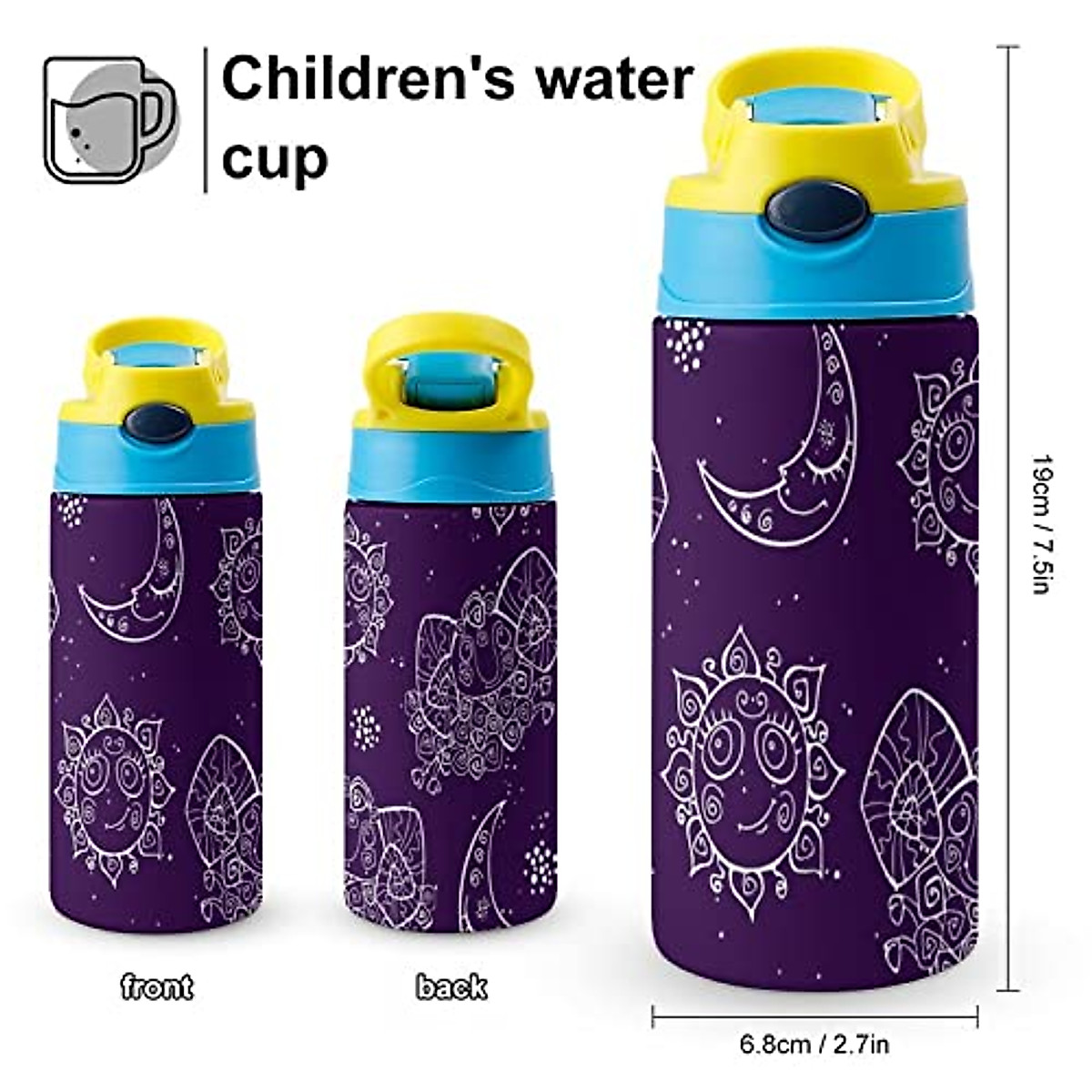 Thermos Cup 500Ml Sun Moon Insulated Water Bottle With Straw For Sports And Travel 7.5x2.7 in