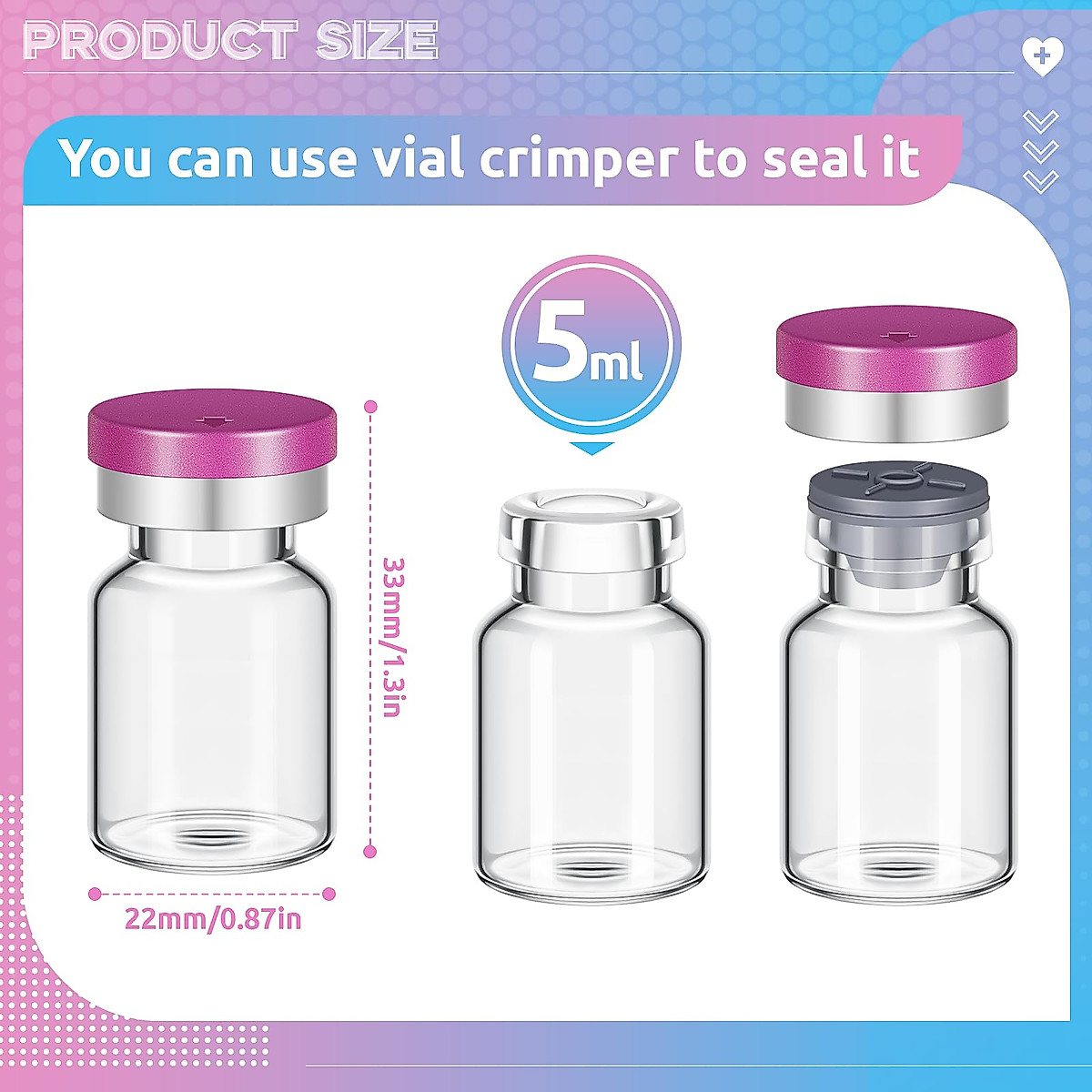 Lallisa 30 Pack 5ml Glass Vials Clear Glass Headspace Vials with Plastic-Aluminum Flip Caps and Rubber Stoppers Flat Bottom Lab Vial Sealed Sample Vials