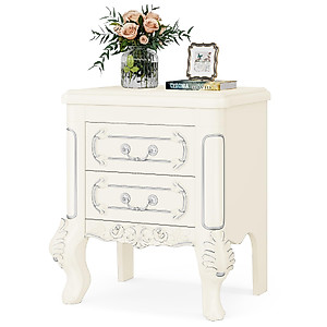 Tribesigns White Nightstand, End Table with 2 Drawers, Carved Bedside Tables, Side Table for Bedroom, Living Room, Classic Bedroom Furniture, Night Stand（1PC