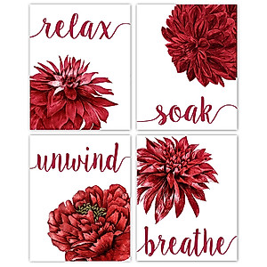 Relax Soak Unwind Breathe Red Blend Bathroom Flower Prints, 4 (8x10) Unframed Photos, Wall Art Decor Gifts Under 20 for Home Office Salon College Student Teacher Friends Garden Floral Yoga Fan