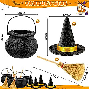 ZHWKMYP Mini Witch Hats and Brooms, 12Pcs Small Witch Hat for Crafts Kit, Witches Broom and Black Candy Cauldron Kettles for Halloween Decorations Party Supplies