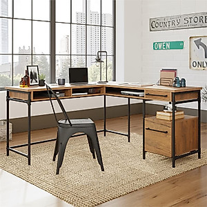 Sauder Iron City Engineered Wood L-Desk in Checked Oak Finish