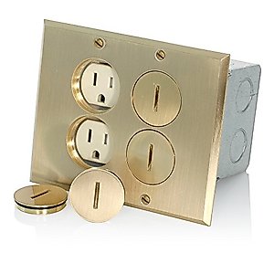 Leviton 35349-TFB 2-Gang Duplex Receptacle Floor Box Assembly, Tamper-Resistant, Brass Finish, 20-Amp, 125V