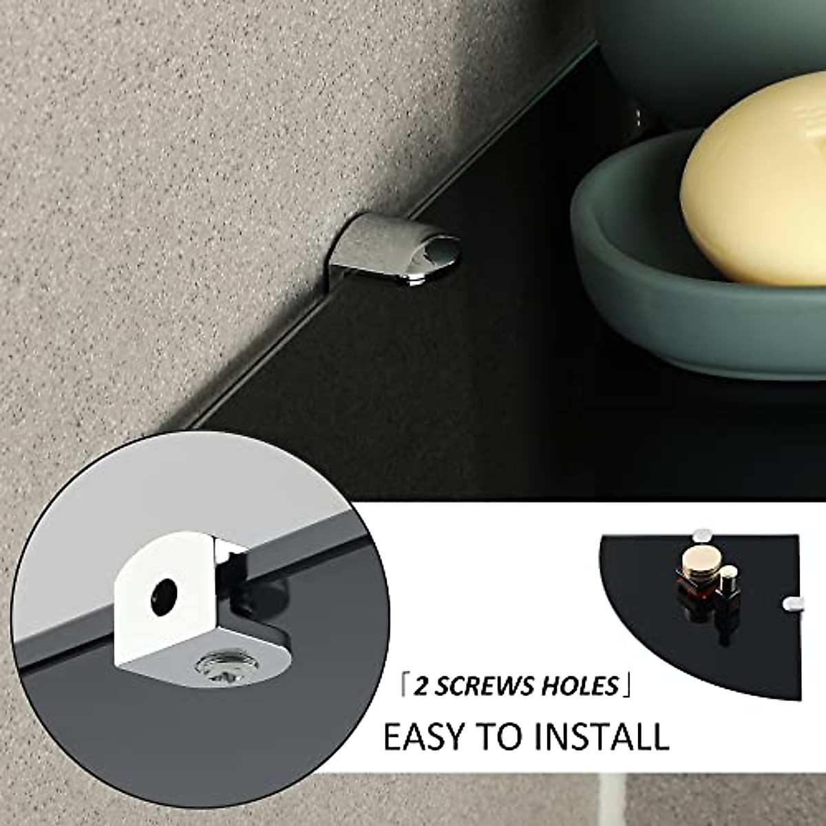 SAYAYO Glass Corner Shelf for Wall, 10 X 10 Inch Chrome Tempered Floating Glass Shelves for Bathroom 1 Pack, Black