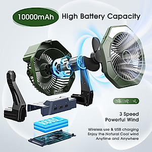 Ausic 10W Misting Solar Fan, 10000mAh Camping Fan Portable with Solar Panel & 250ml Water Tank, 8 Inch Battery Operated Rechargeable Cooling Fan with Hook, Outdoor Tent Fan for Travel