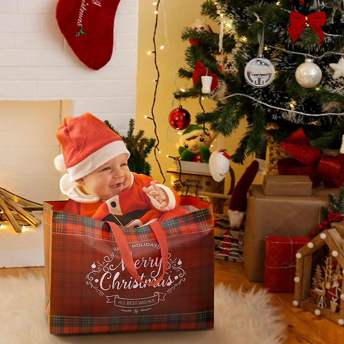 ZUIYIN 12Pcs Extra Large Christmas Gift Bags With Gift Tags, Gift Bags Reusable Shopping Bags have Santa Claus Plaid Merry Christmas ​Pattern of Gift Bag for Christmas Party, Christmas Surprise