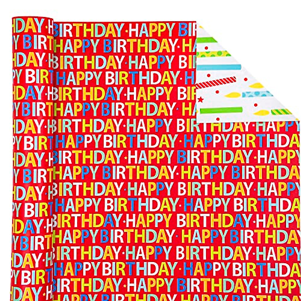 WRAPAHOLIC Birthday Reversible Wrapping Paper - Mini Roll - 17 Inch X 33 Feet - Happy Birthday Lettering on Red Design for Birthday, Holiday, Party, Baby Shower