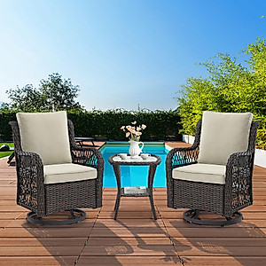 coucheta 3 Pieces Outdoor Wicker Swivel Chair Set, Swivel Rocking Chairs Set of 2 with Rattan Side Table, 360-Degree Swivel Rocking Chair for Patio Porch Pool