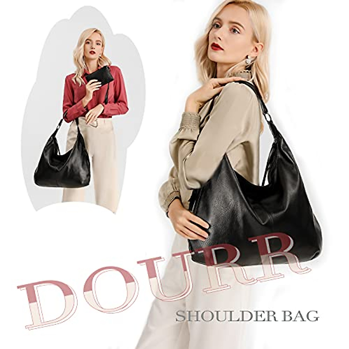 DOURR Hobo Bags for Women Faux Leather Hobo Handbags Ladies Shoulder Tote Bag Everyday Purse (Black - 2pcs)