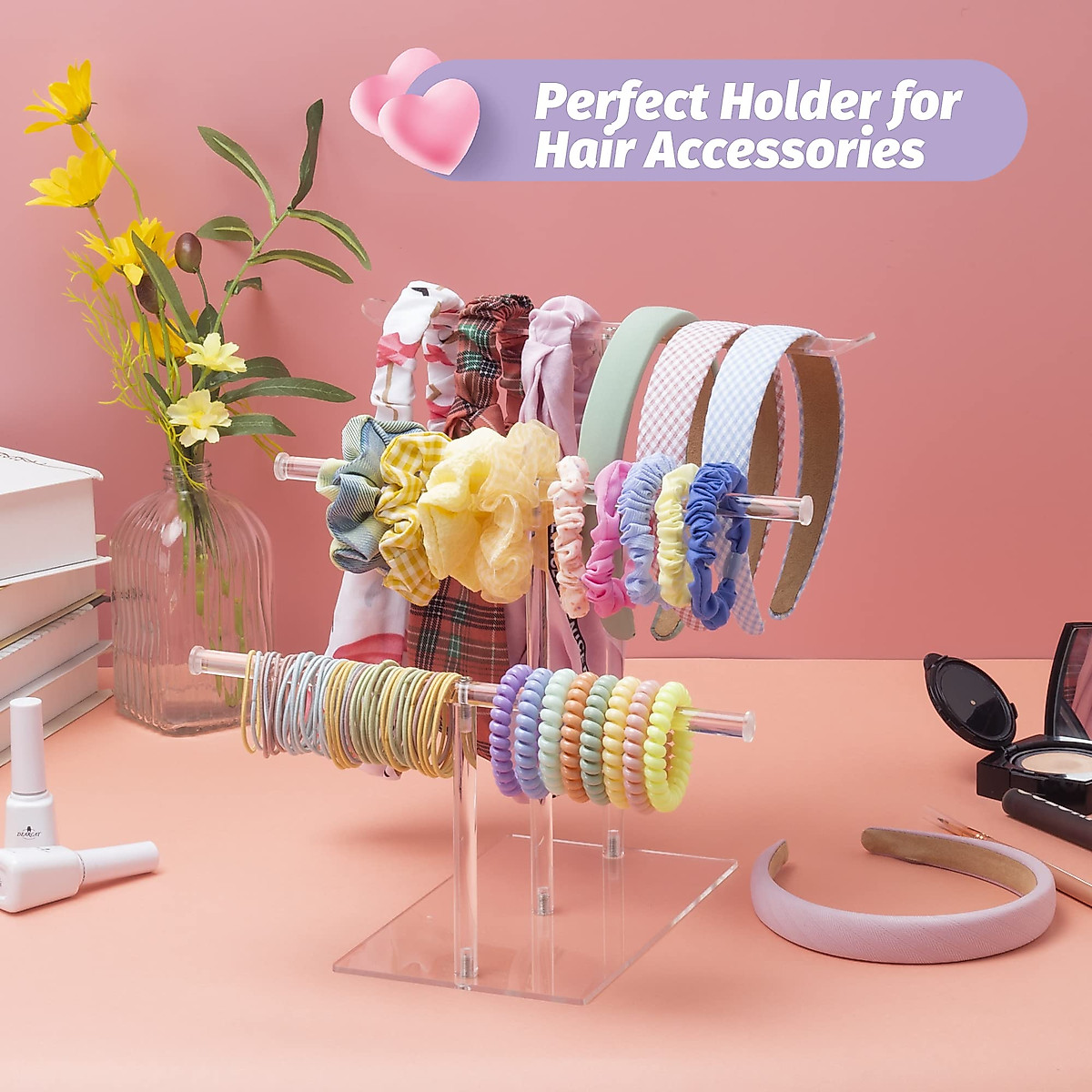 Acrylic Headband Holder Organizer Storage, 3-Tier Clear Scrunchie Holder Stand Hair Accessories Organizer Hair Tie Display Headband Stand for Women and Girls