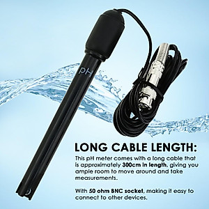 0-14 pH Electrode Probe, pH Meter with Replacement BNC Connector and 300cm Cable Sensor for ph Monitor Controller Tester Meter Kit Set for Aquarium Hydroponics Plant Pool Spa