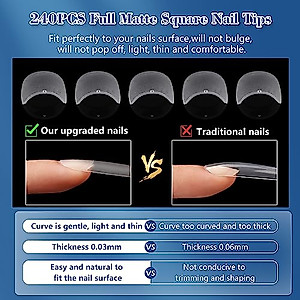 Clear Square Nail Tips, Gel Nail Tips for Acrylic Nails Professional，240PCS XL Nail Tips Full Matte Full Cover Straight Square Nail Tips, Slightly C Curve French Nail Tips Use for Nail Extension