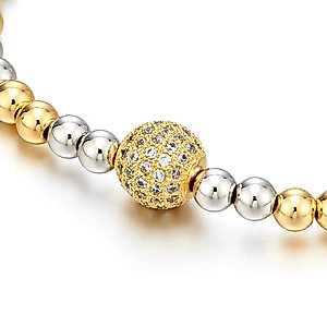 COOLSTEELANDBEYOND Beautiful Gold Silver Two-Tone Beads Bracelet for Women with Cubic Zirconia Ball