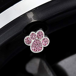 CB Handmade Bling Rhinestone Tire Valve Dust Caps Crystal Tire Air Sealing Cap for Car Styling, Paw Print - Pink, 4-Pcs