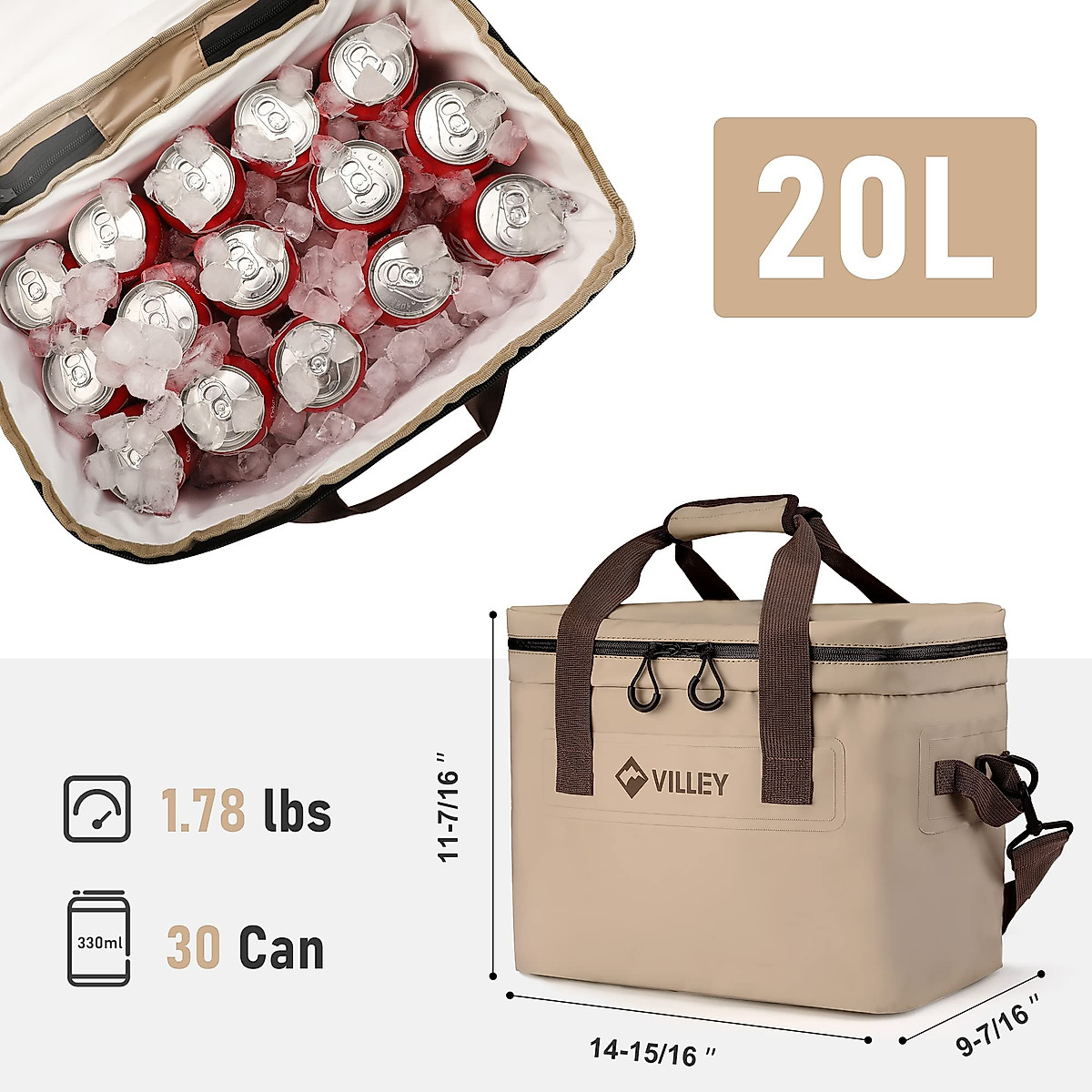 VILLEY 20L Insulated Cooler Bag with Padded Top Handle, Removable Shoulder Strap, and Sufficient Capacity for 30 Cans of 12 oz Drinks