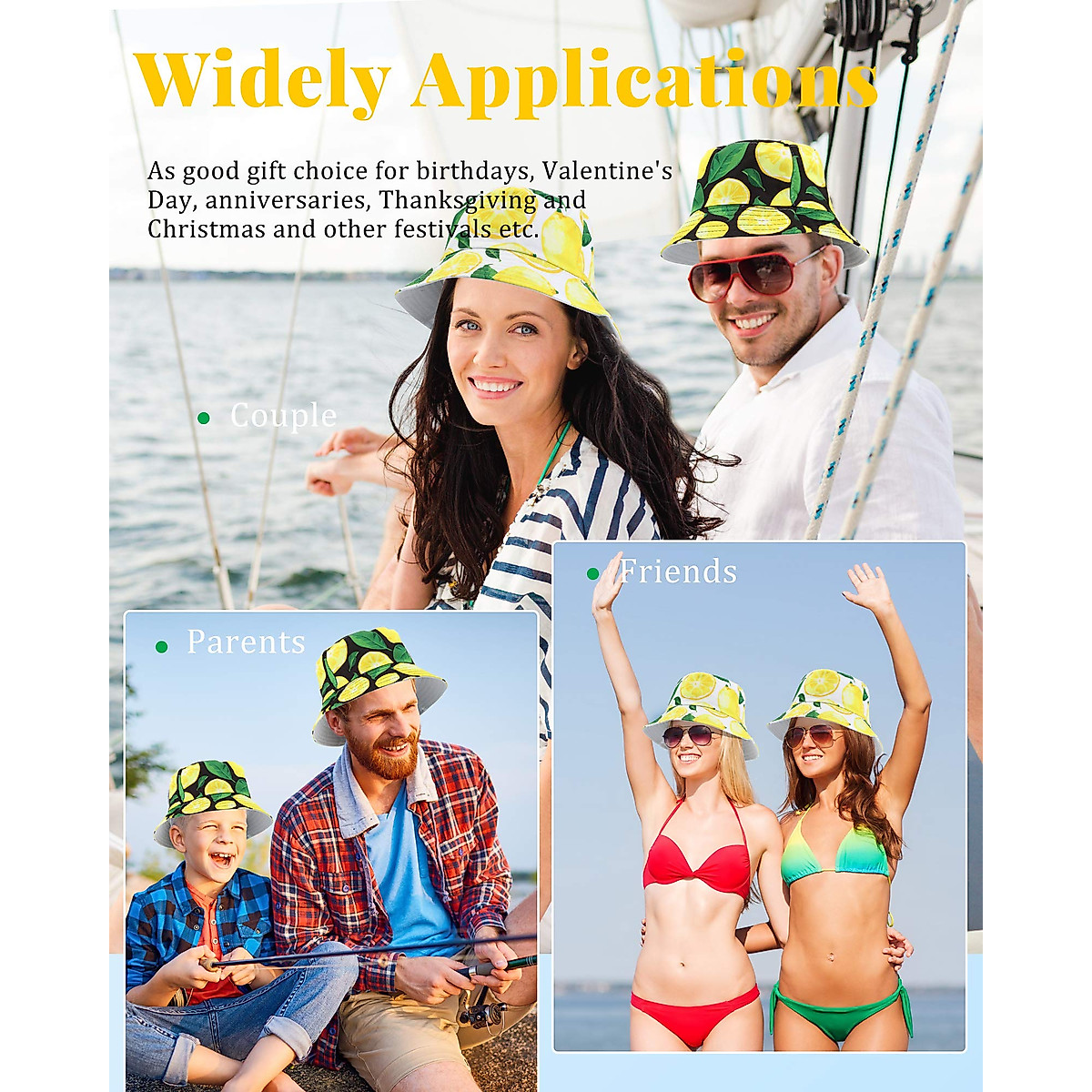 Bennim 2 Pieces Unisex Lemon Pattern Bucket Hats Reversible Fisherman Cap for Casual Travel Beach,Black, White ,Uncertainly