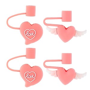 ABOOFAN 4pcs Straw Tips Cover Silicone Reusable Dust-Proof Heart Wing Drinking Straw Tips Lids Plugs Decorative Straw Cap Party Supplies(Pink White)