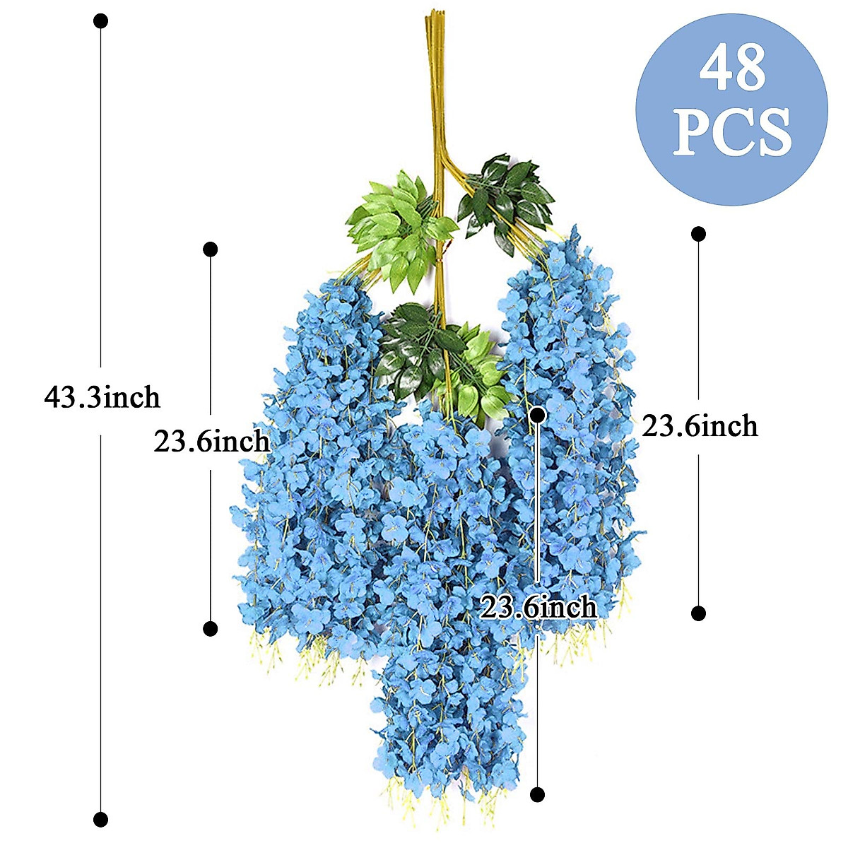 Ranslen 48 Pieces Artificial Wisteria Flower Hanging Silk Garland Vine Ratta Wedding Decor String Home Party Garden Outdoor Decoration Supplies (Blue, 48)