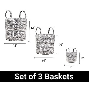 Super Area Rugs Farmhouse Plant Basket/Planter Multi Purpose Open Top Bin with Handles, Cotton Rope Basket, 8-inch, 10-inch and 12-inch Grey & White