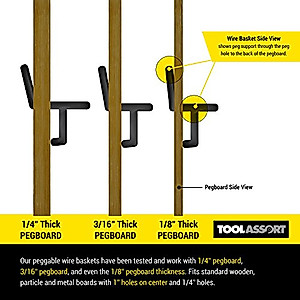 ToolAssort Pegboard Basket Set of 4, Hooks Easily to Arrange Accessories, Organizer Bins Transform any Garage, Crafts Room, Nursery or Kitchen, Black Vinyl Coated Wire Basket Kit