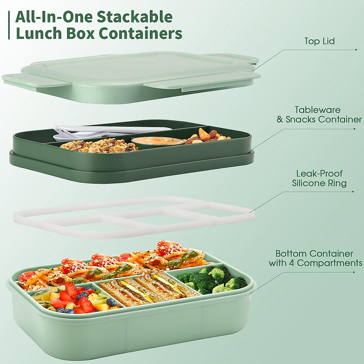 Bento Box Lunch Boxes,68oz Bento Lunch Box for Adults Kids,Stackable Japanese Lunchbox with 8 Compartments,Leak Proof Meal Prep Container Box with Cutlery Set,Microwave Dishwasher Safe (Green)