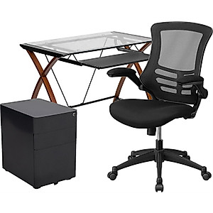 Flash Furniture Work From Home Kit - Glass Desk with Keyboard Tray, Ergonomic Mesh Office Chair and Filing Cabinet with Lock & Side Handles