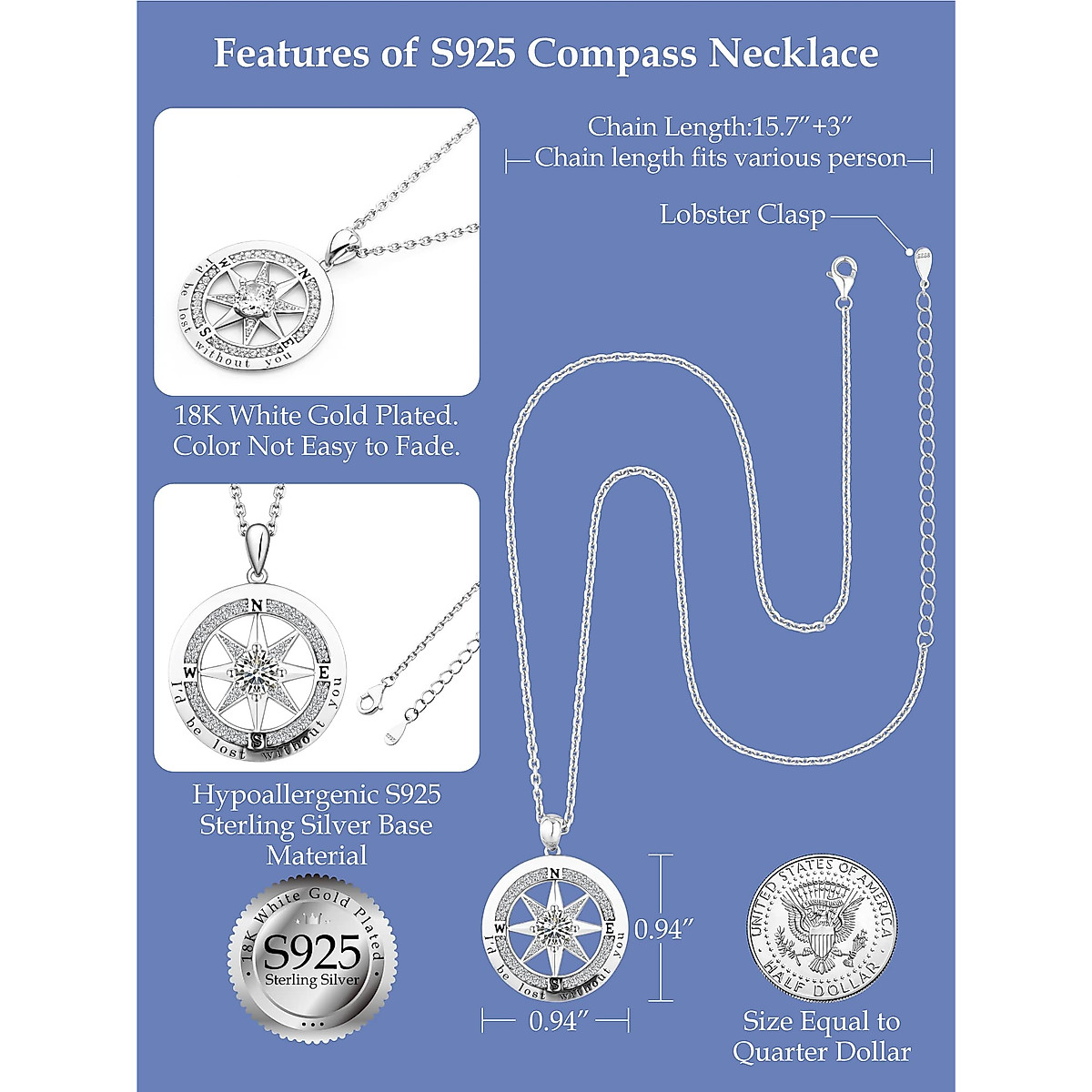 S925 Sterling Silver Compass Necklaces for Women Teen Girls I'd be Lost without You 5A Cubic Zirconia 18K White Gold Plated Jewelry