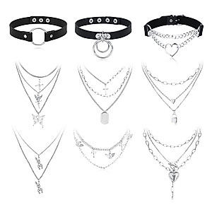 JOERICA 9 PCS Layered Chain Necklaces Set for Women Men Gothic Black Leather Choker Necklaces Adjustable Silver Punk Pendant Necklaces with Lock Heart Butterfly