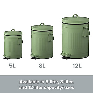 Retro Trash Can with Lid - 5L/1.3 Gal Step Trash Can w/ Soft Closing Lid - Round Garbage Can w/ Handles - Touchless Trash Can w/ Removable Garbage Guard Bucket - Outdoor Garbage Bin - Small Trash Can, Green