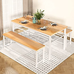Lamerge 3-Piece Dining Table Set, Oak Dining Table with Storage Shelf, Kitchen Table and Chairs Set for 4, Dining Table Set with 2 Benches, Industrial Dining Table Set for Dining Room, Kitchen
