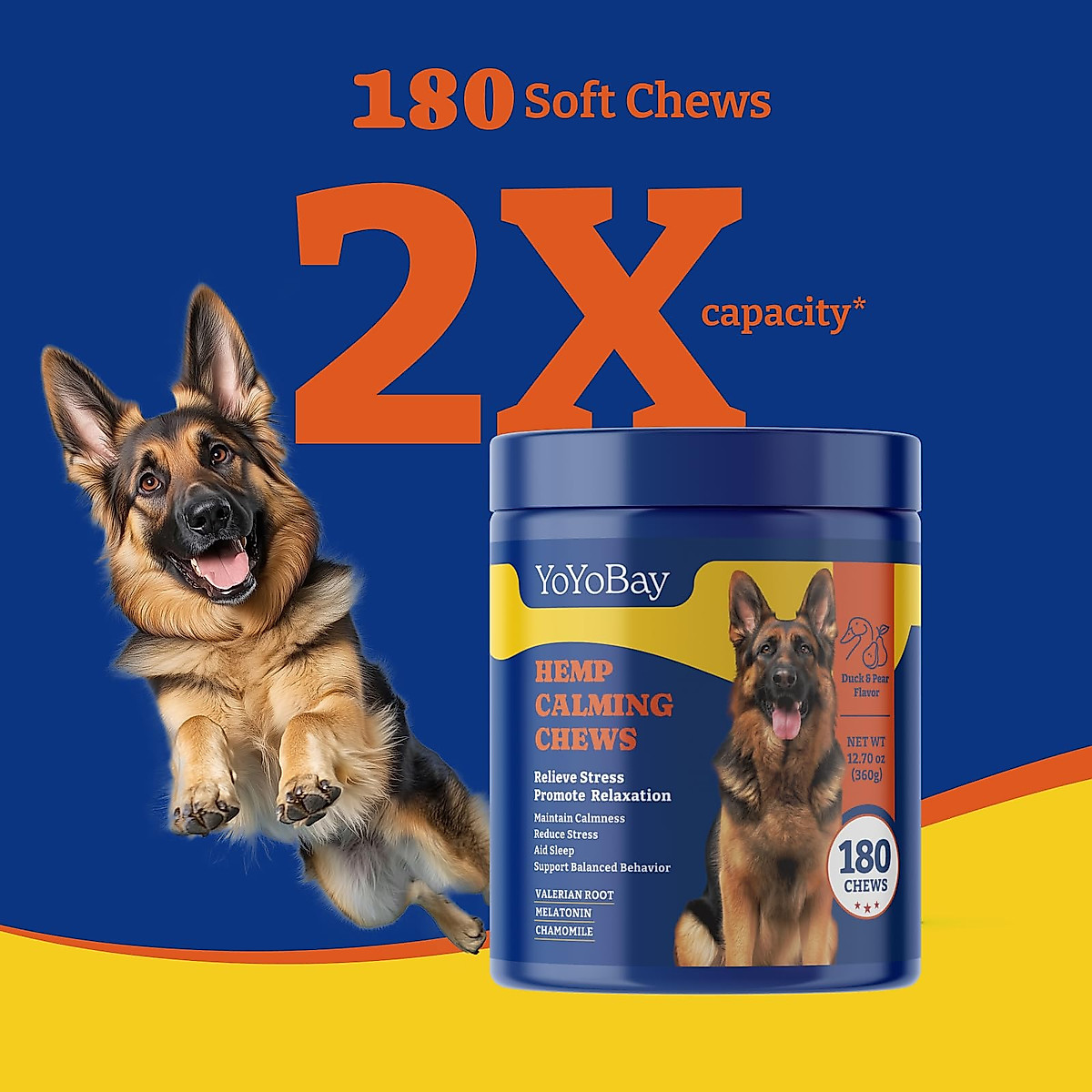 YoYoBay Calming Chews for Dogs - Dog Calming Chews for Anxiety Relief, Separation Aid, Travel, Thunderstorms - 180 Soft Chews, Duck & Pear Flavor - with Valerian Root, Melatonin, Hemp Oil