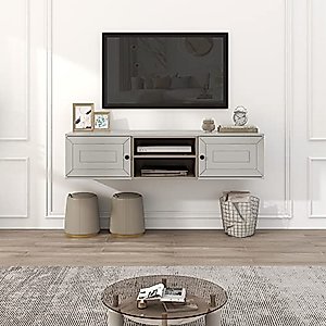 HAUSHECK Modern Floating Stand for 65 Inch TVs with 2 Large Storage, 3 Levels Adjustable Shelves, Cable Management & Magnetic Cabinet Door, Wall Mounted Entertainment Center Media Console, Beige