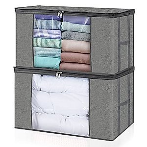 Foldable Large Clothes Comforter Soft Storage Bags, Breathable Linen Closet Storage and Organizers for Blankets, with Sturdy Zippers Clear Window, Set of 2 Grey with Printing