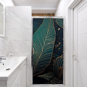 BoeHiop Window Privacy Film, Luxury Gold Green Palm Leaves Frosted Window Clings, Decorative Glass Covering Decals, Non-Adhesive Vinyl, 17.7 x 23.6 in